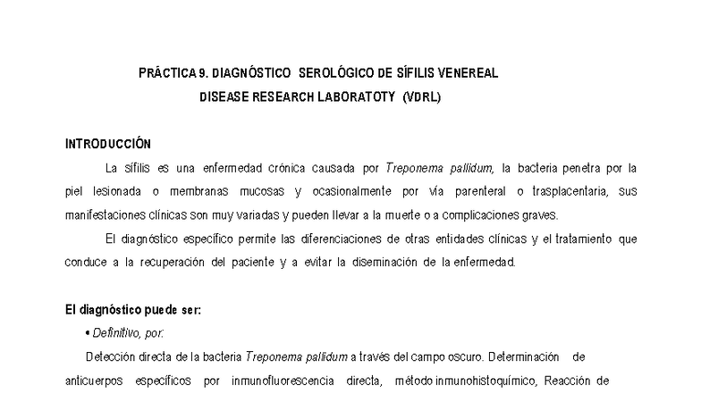 Práctica 9: Diagnóstico Serológico de Sífilis (VDRL) en Micro y Viro ...
