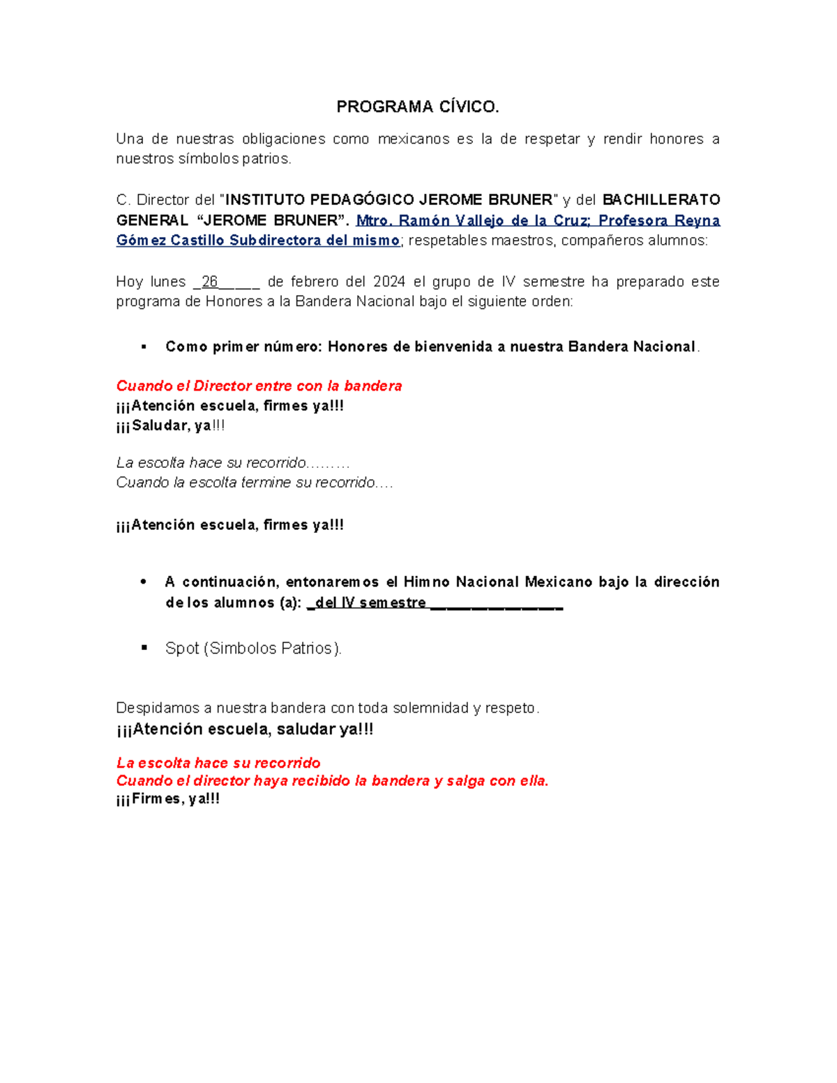 Programa Cívico: Homenaje del IV Semestre - Ciclo Escolar 2024 - Studocu