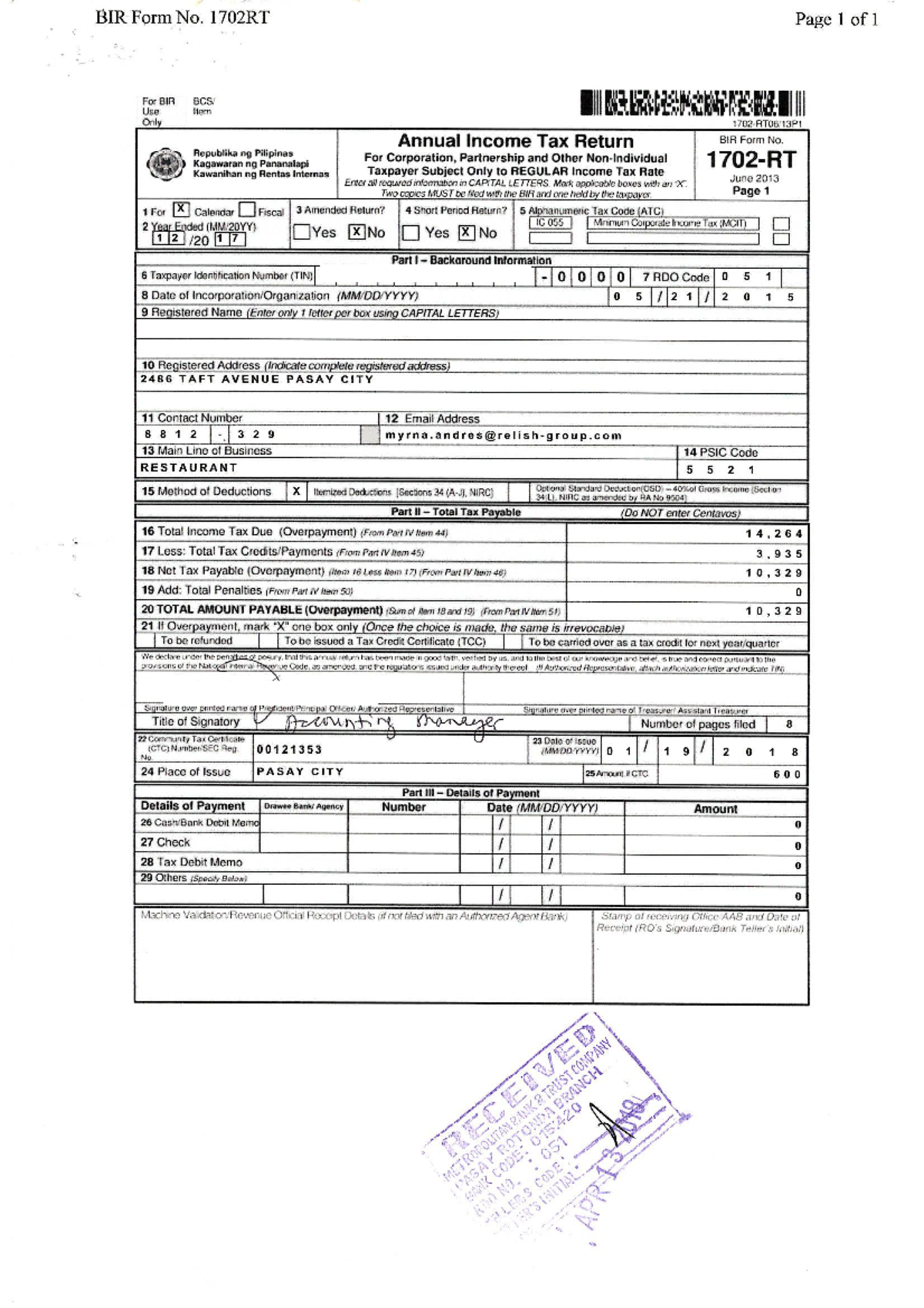 BIR Form No. 1702-RT: Annual Income Tax Return Overview 2017 - Studocu