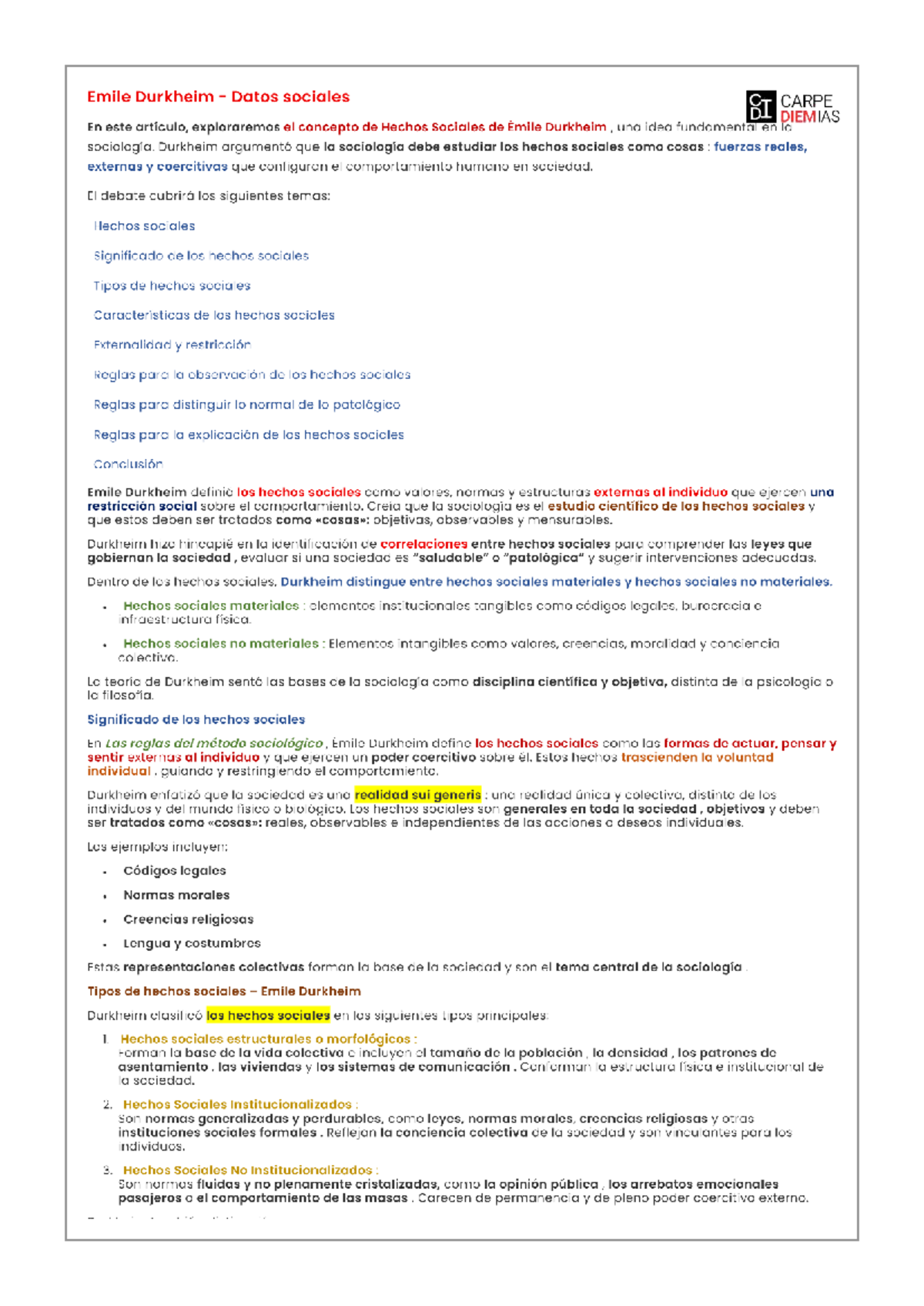 Hechos Sociales de Émile Durkheim: Análisis y Metodología CI CARPE DIEM ...