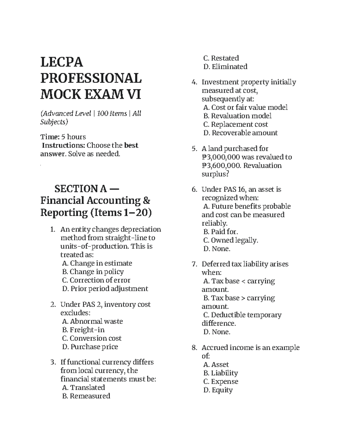 LECPA PROFESSIONAL MOCK EXAM VI: Advanced Level Review (90 Items) - Studocu