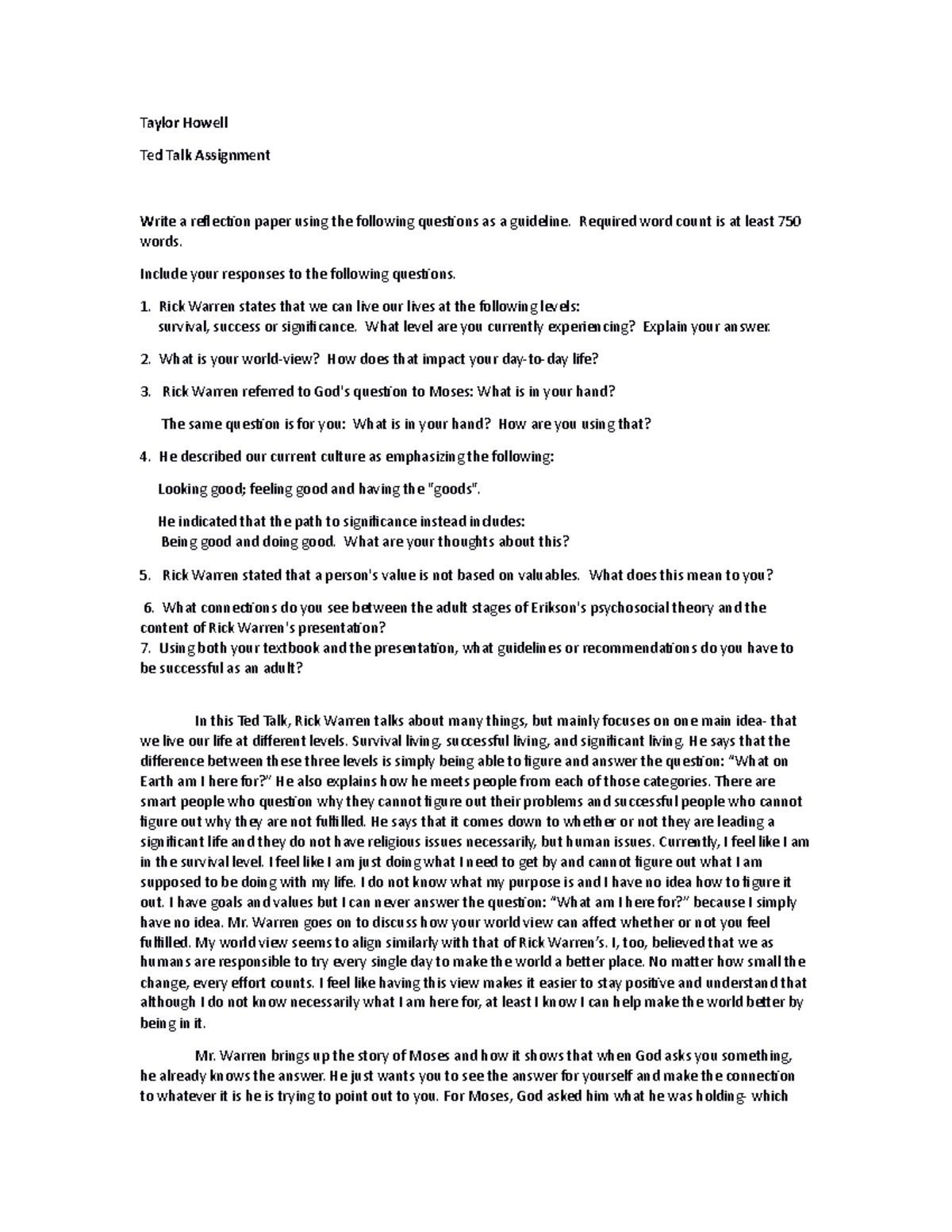 Ted Talk Reflection Assignment - Rick Warren's Insights on Life - Studocu