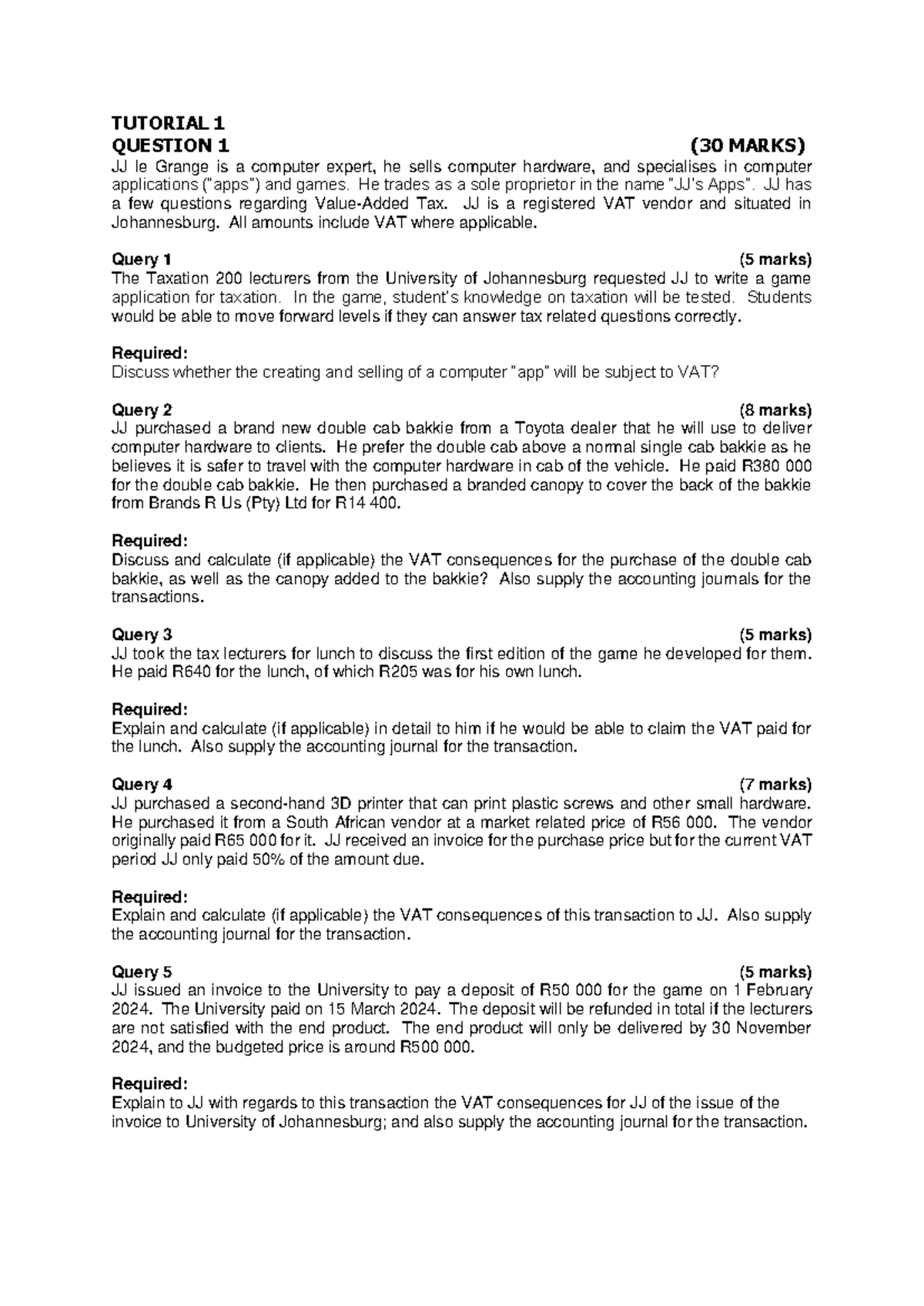 Tutorial 1 - VAT Practice Questions for Taxation 200 (30 Marks) - Studocu