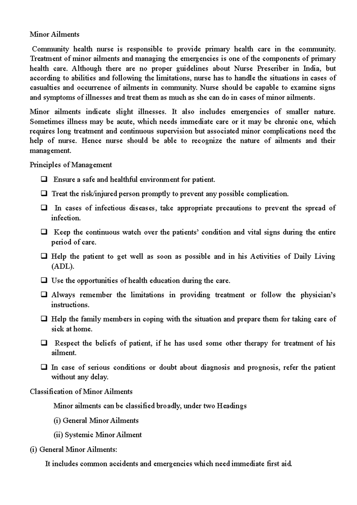 Minor Ailments Management: Standing Orders and Nursing Care Guide - Studocu