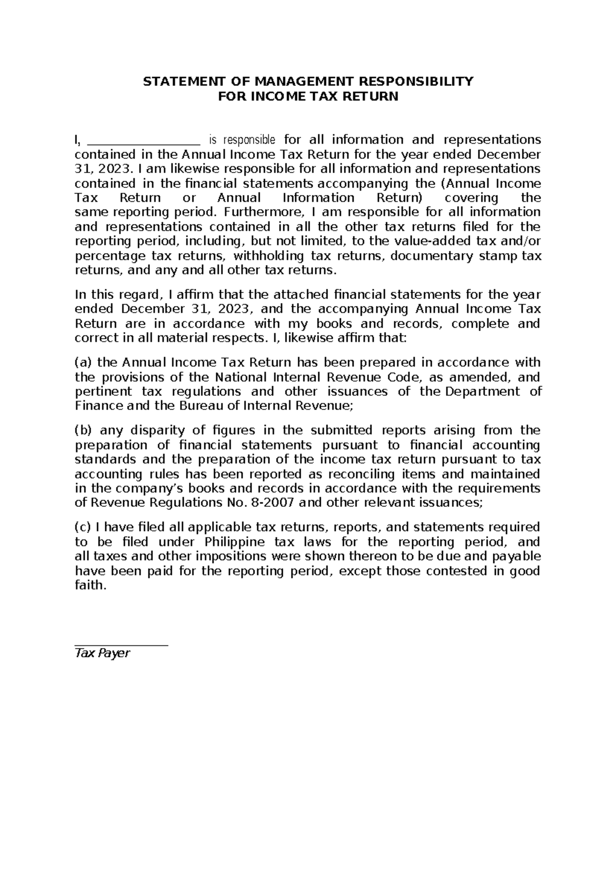 FM 2023 - Statement of Management Responsibility for Income Tax - Studocu