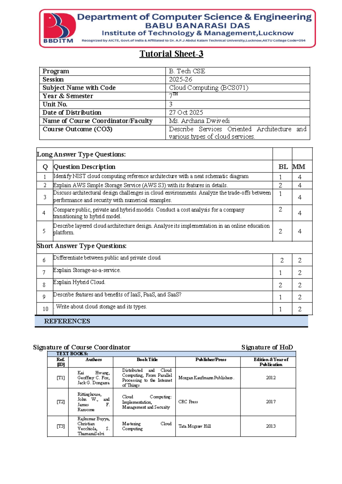 Tutorial Sheet BCS071: Cloud Computing Unit 3 Long Answer Questions ...