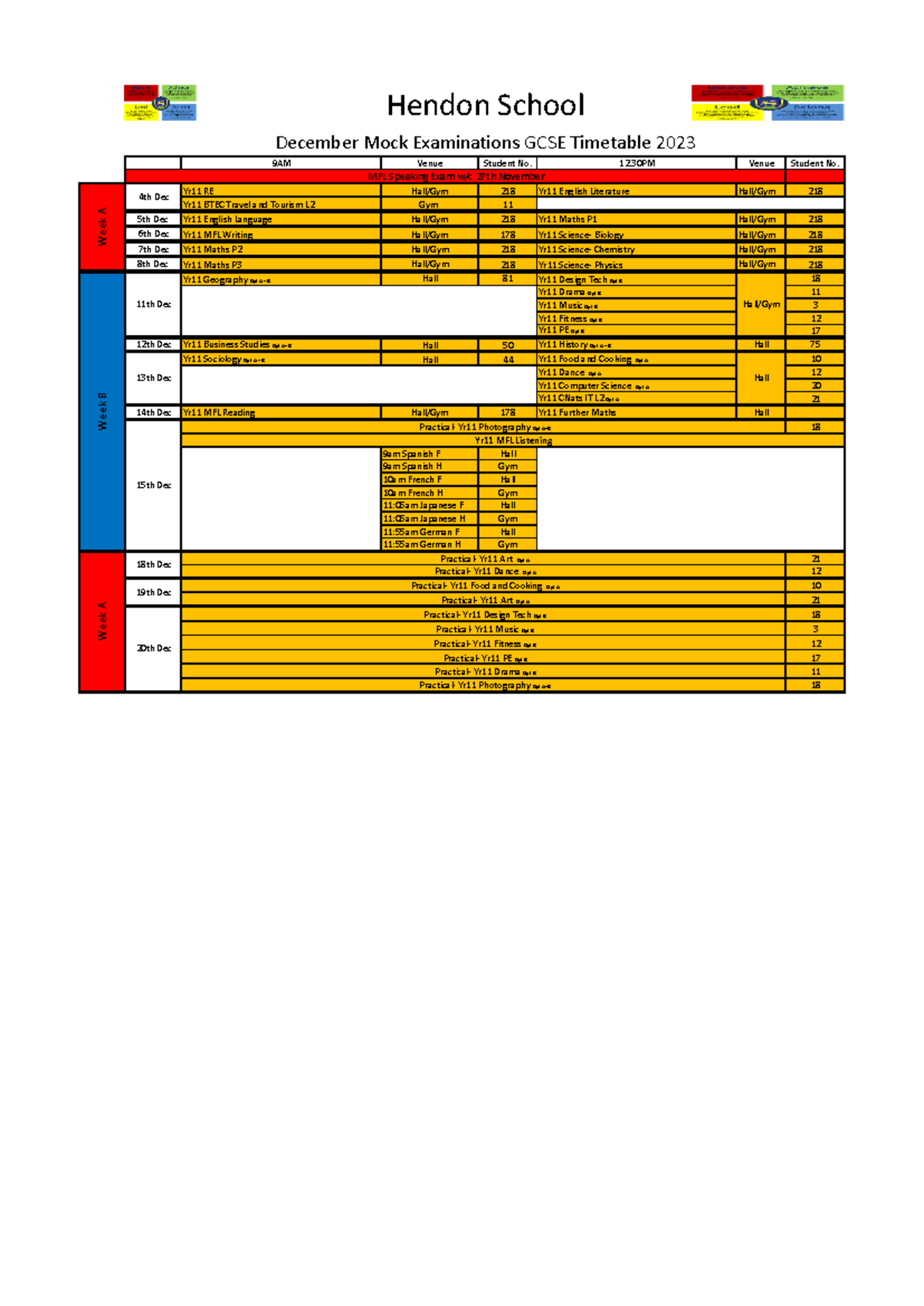 December Mock GCSE Timetable 2023 - Hendon School Exam Schedule - Studocu