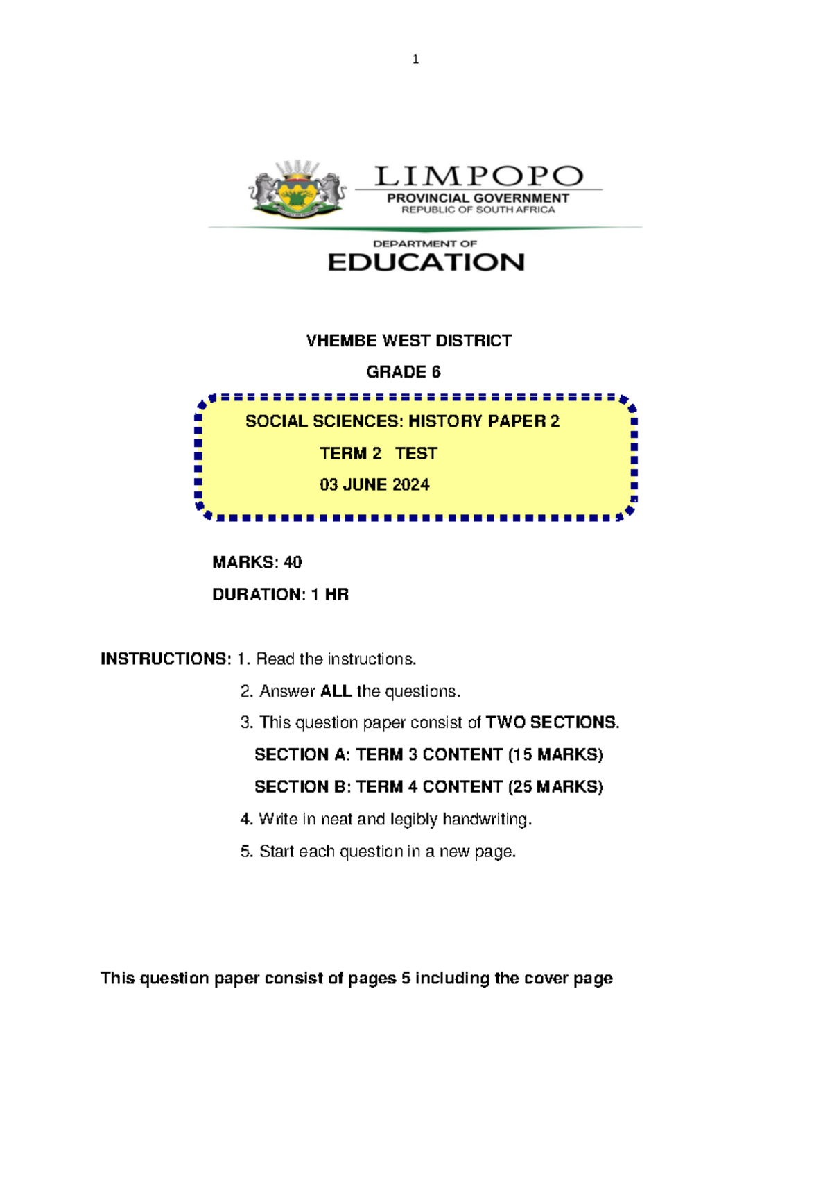 20242 HIST Grade 6 Social Sciences Term 2 Test Paper - June 2024 - Studocu