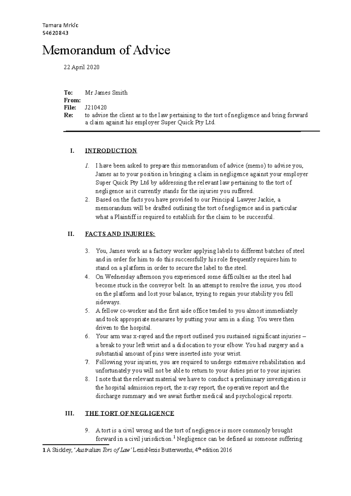 Memorandum of Advice on Negligence - Assignment (Law 101) - Studocu