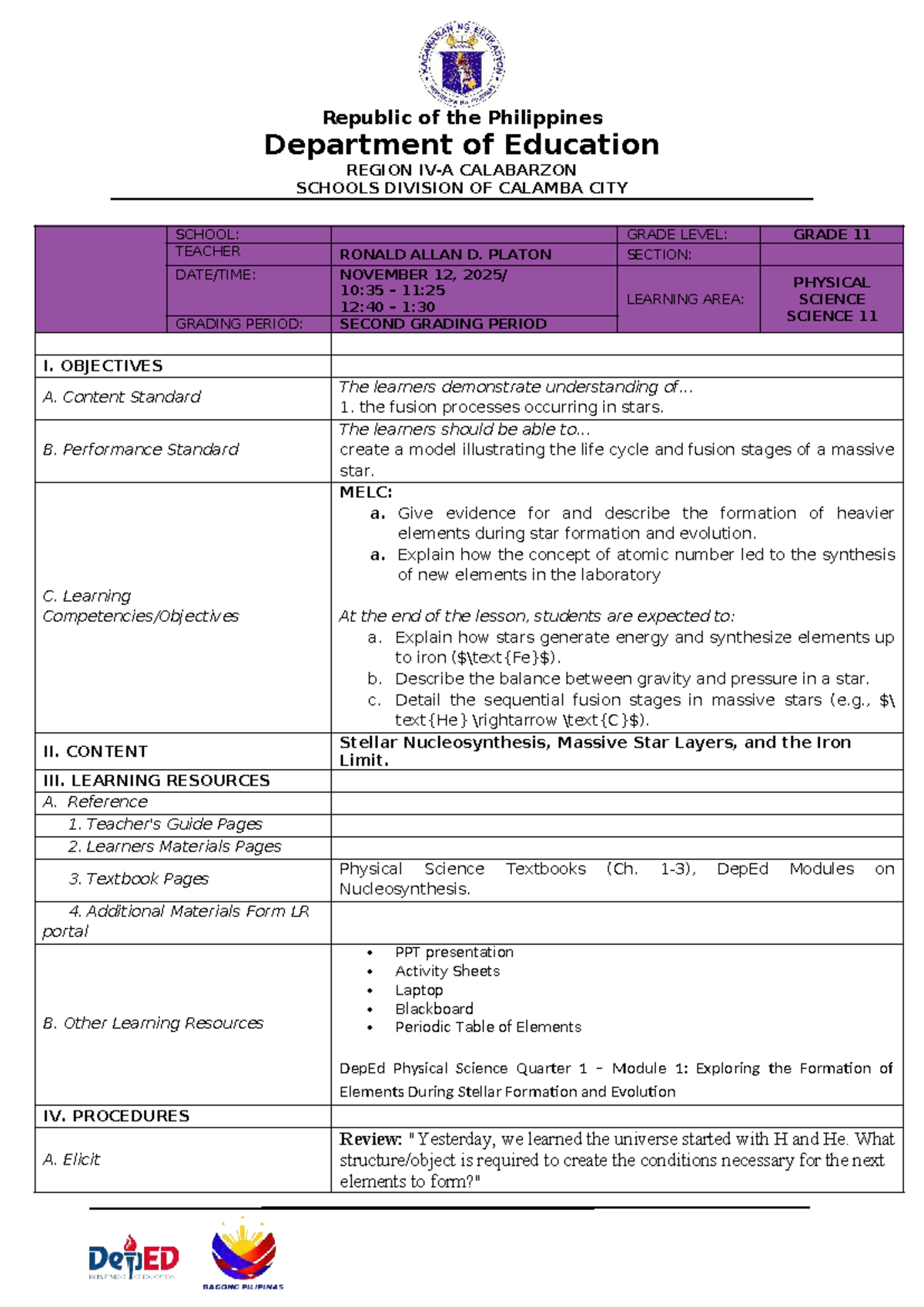 SCI11 2nd Grading Period Lesson Plan: Stellar Nucleosynthesis - Studocu