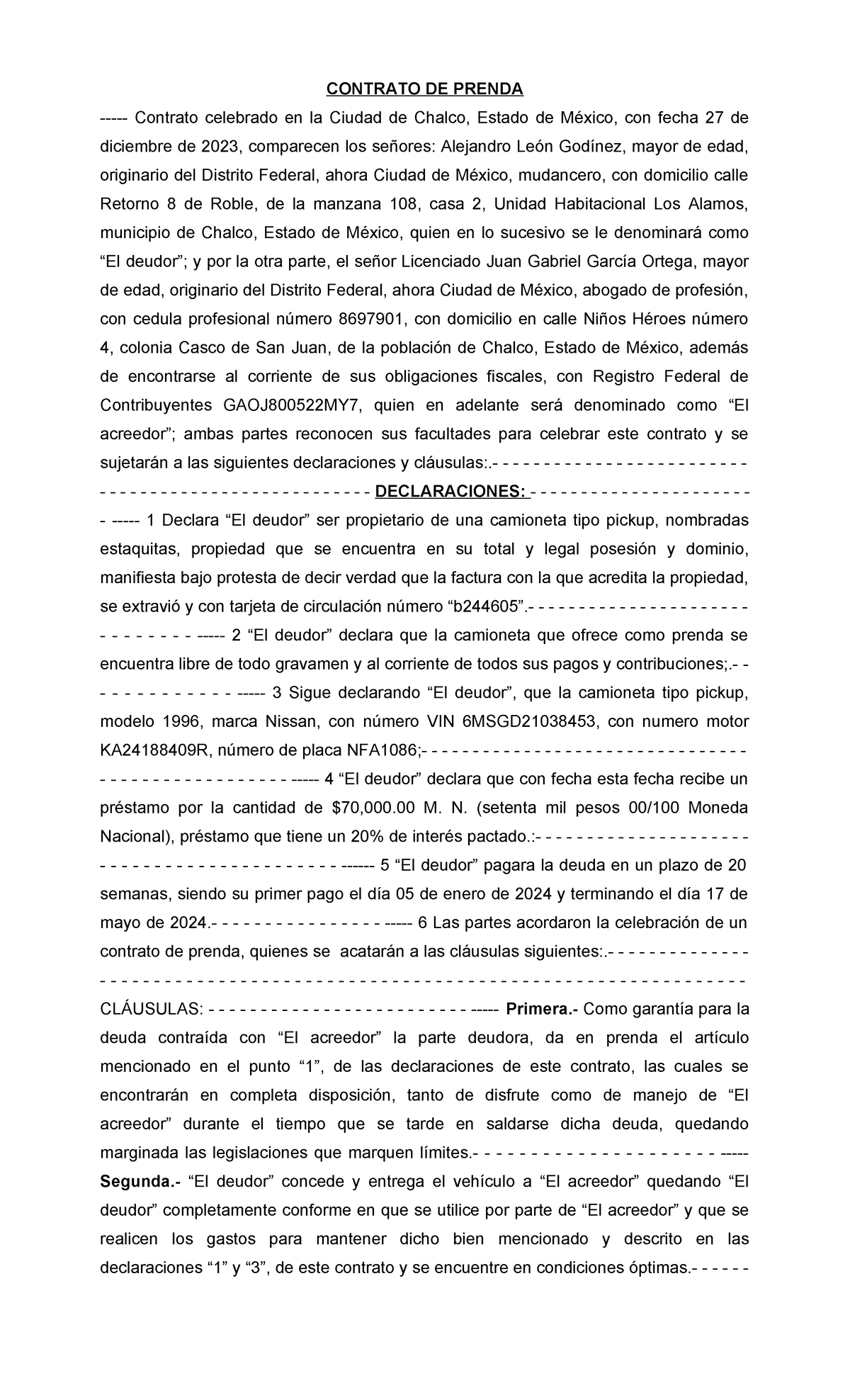 Contrato de Prenda - CONTRATO DE PRENDA - Contrato celebrado en la ...