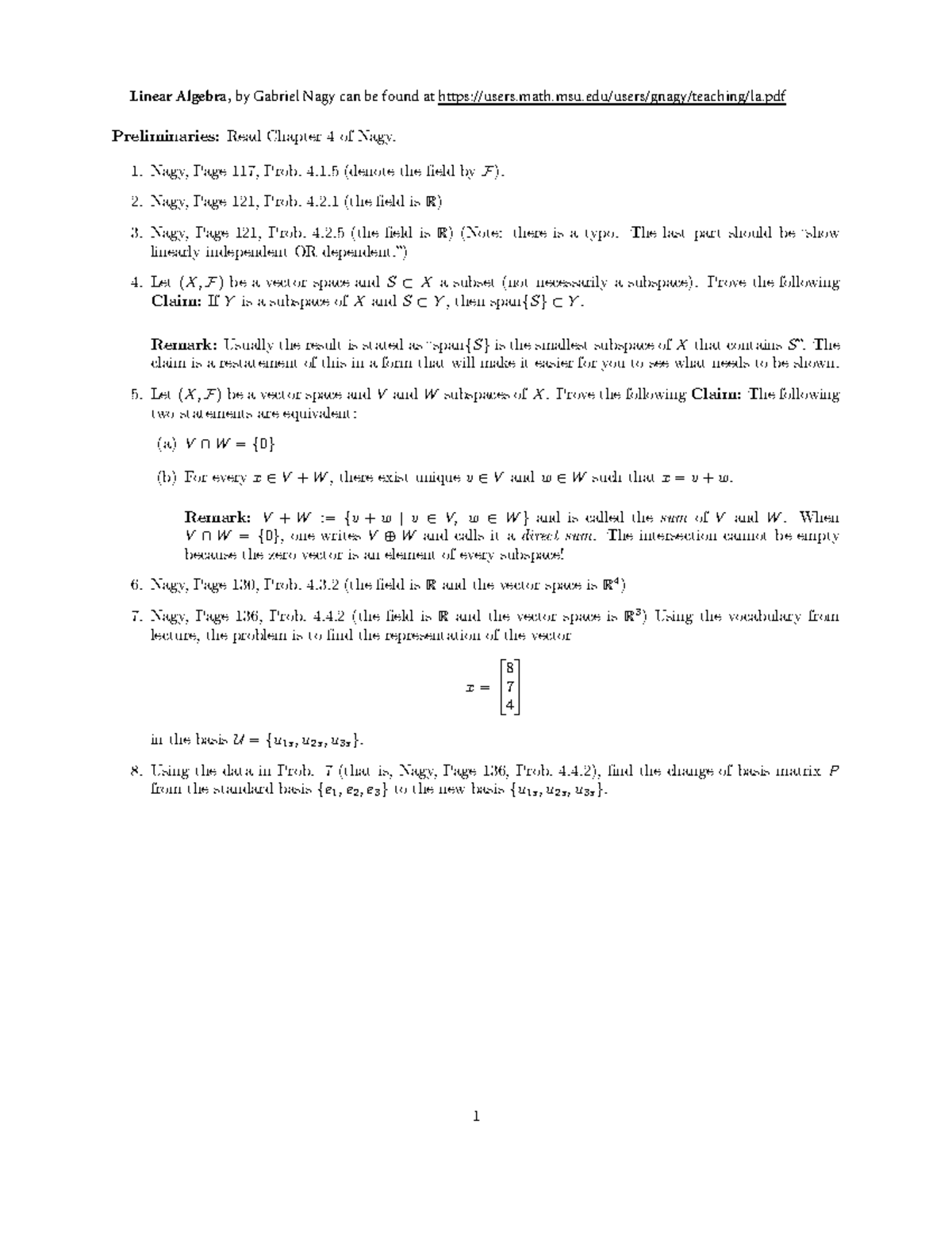 Linear Algebra (MATH 101) - Homework on Chapter 4 Problems - Studocu