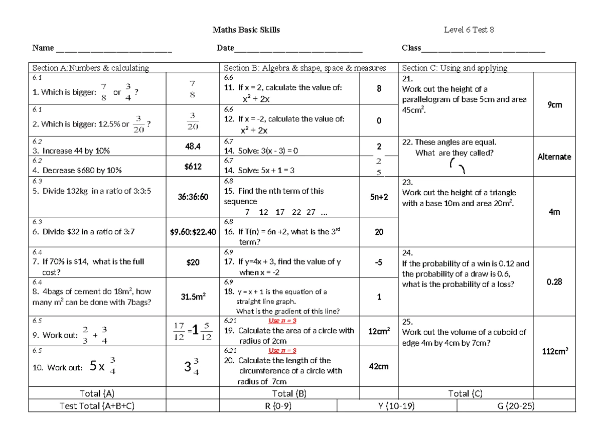 Maths Level 6 Test 12: Practice Exercises & Answers - Studocu