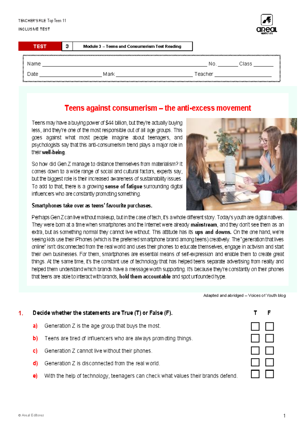 Top Teen 11 INCLUSIVE TEST 3: Teens & Consumerism Insights - Studocu