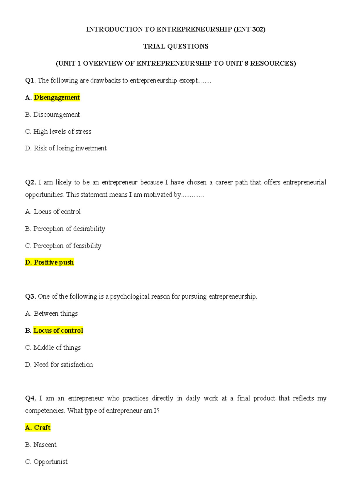 ENT 302 Trial Questions: Overview of Entrepreneurship Units 1-8 - Studocu