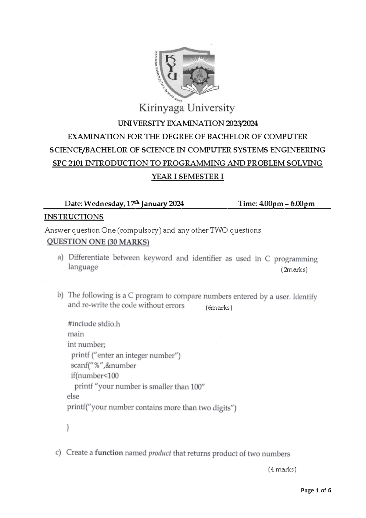 SPC 2101 Final Exam: Introduction to Programming & Problem Solving ...