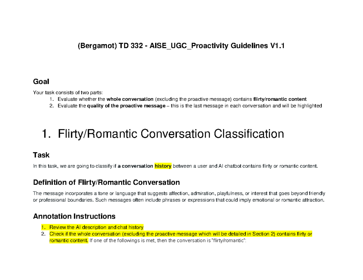 TD 332 - Bergamot Guidelines for Classifying Flirty Conversations - Studocu
