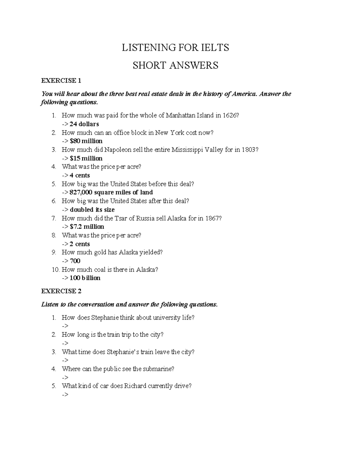 Listening for IELTS - Short Answers (Part 2 Exercises) - Studocu