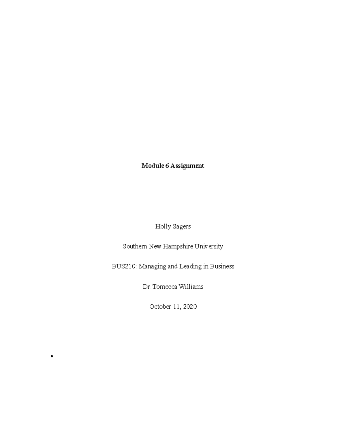 BUS 210 - Module 6 Assignment - Module 6 Assignment Holly Sagers ...