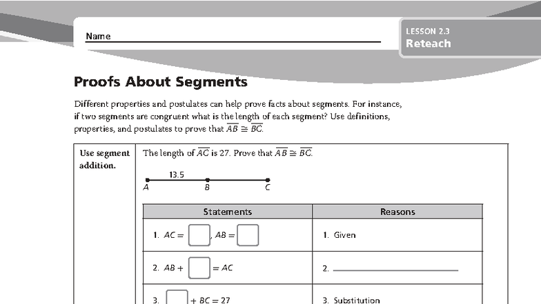Reteach 2.3: Proofs About Segments in Geometry - Studocu