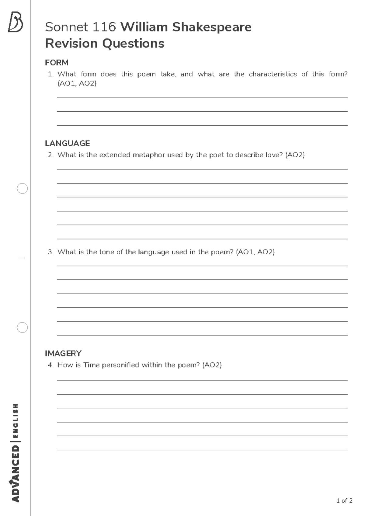 Sonnet 116 Revision Questions & Answers (FORM 1) - Studocu