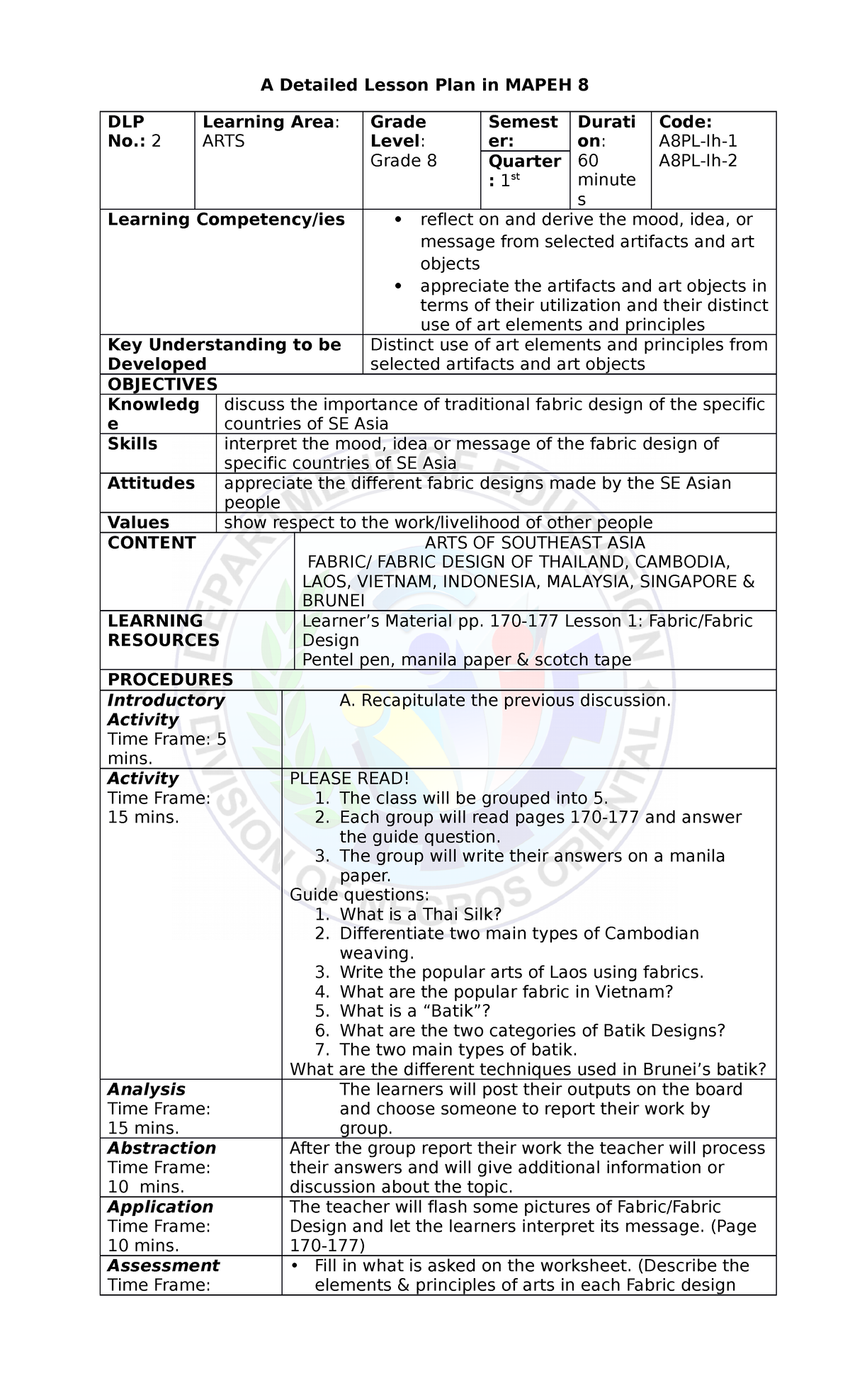 Lesson Plan In Mapeh Grade 8 Lesson Plan Performing Arts Lesson Plan