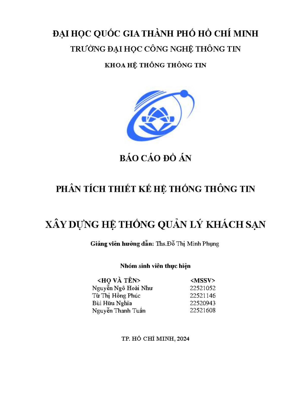 IS201.O21 Phân Tích Thiết Kế Hệ Thống Quản Lý Khách Sạn 2024 - Studocu