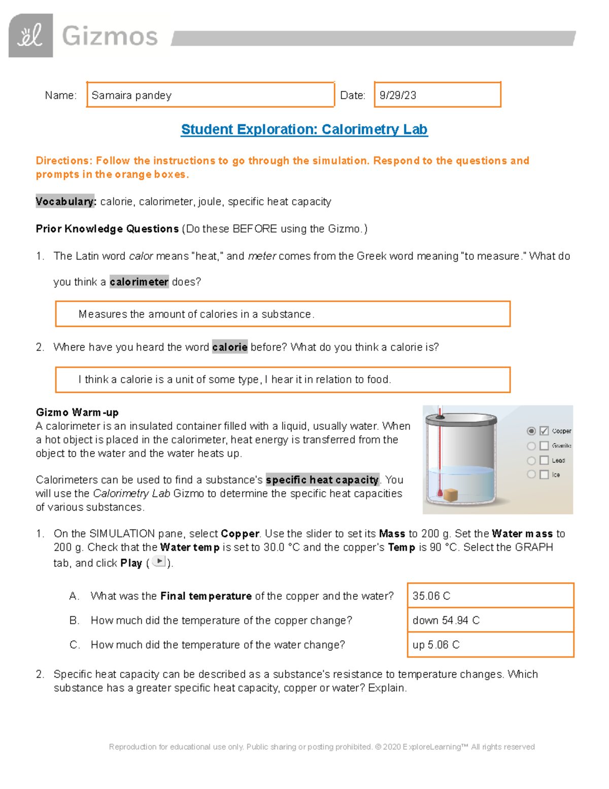 Copy of Calorimetry Lab SE - Name: Samaira pandey Date: 9/29/ Student ...