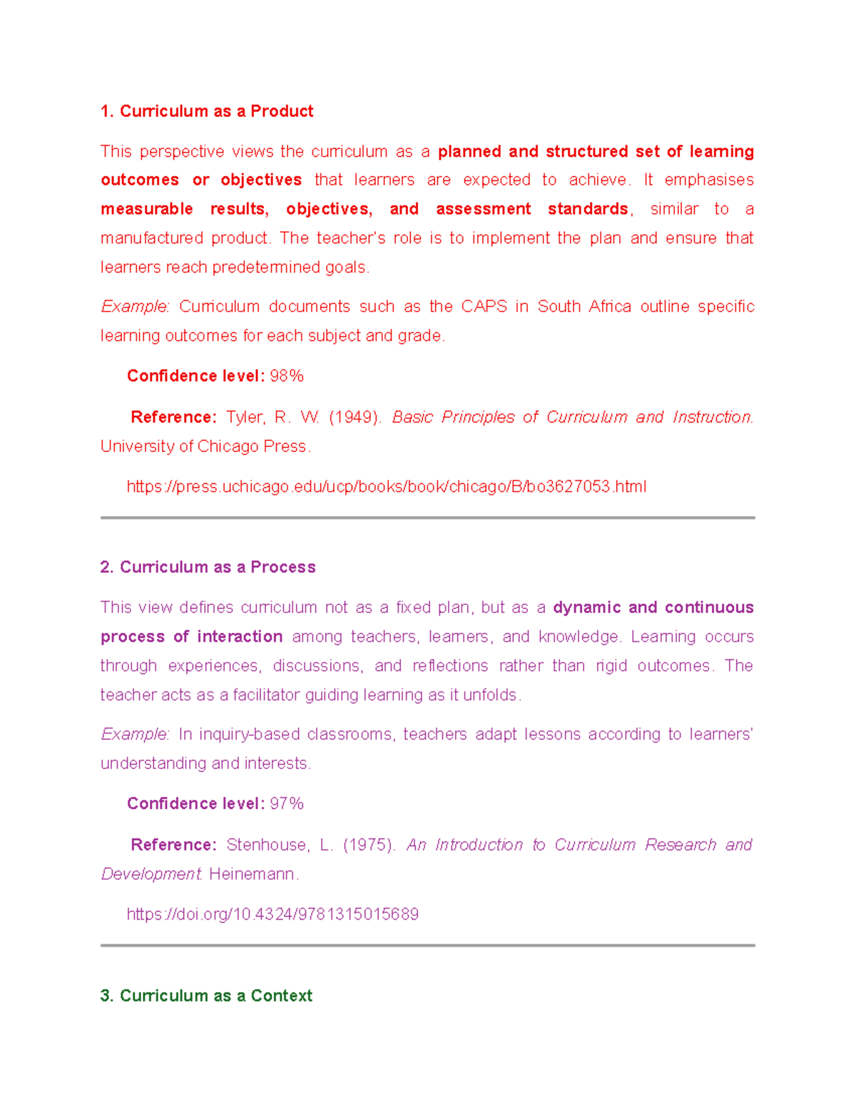 Concepts of Curriculum: Product, Process, Context, and Praxis - Studocu