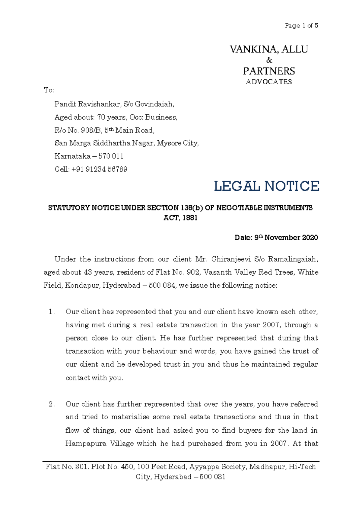 Notice of Cheque Bounce Under Section 138 NI Act - 01-CB-138 - Studocu