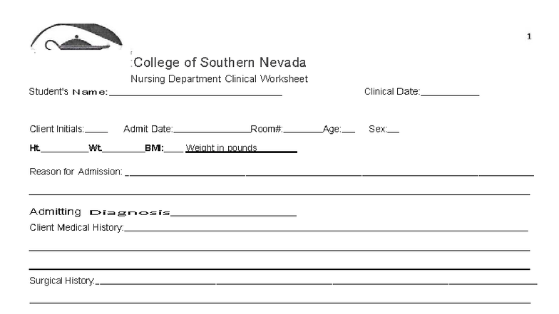 CSN Nursing Clinical Worksheet: Patient Assessment & Care Plan - Studocu