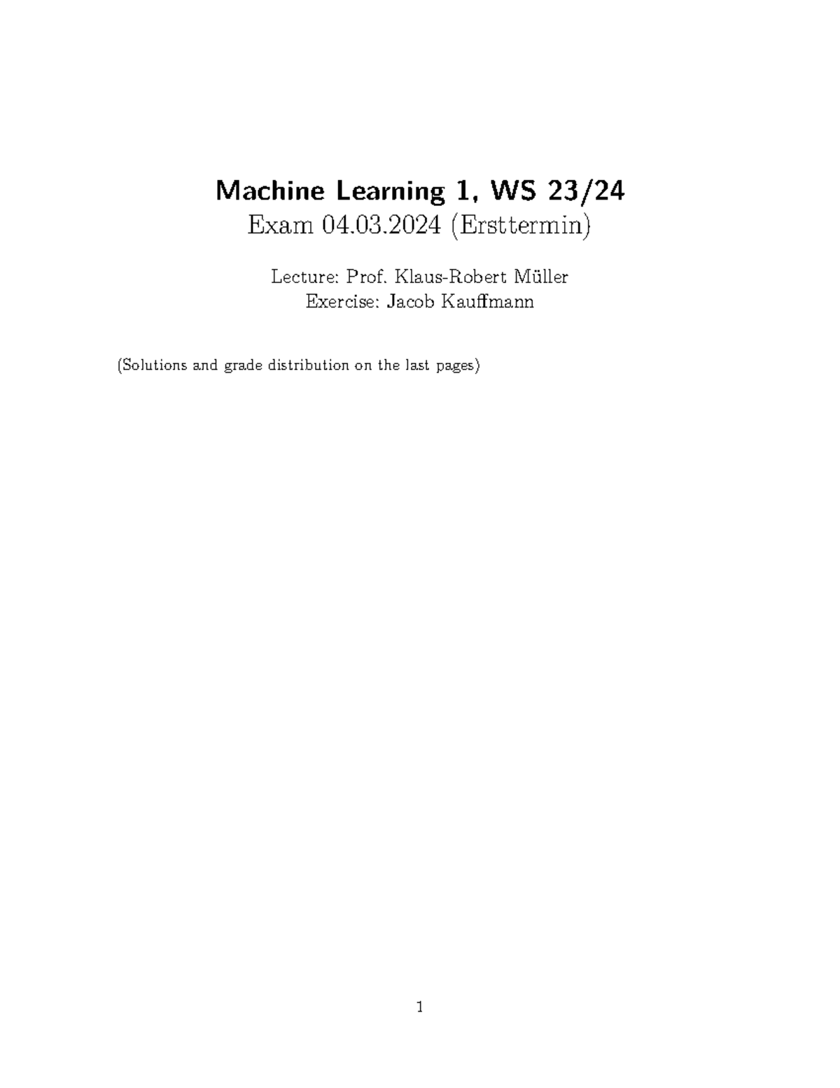 Machine Learning 1, WS 2324 Final Exam Solutions and Grade Distribution ...