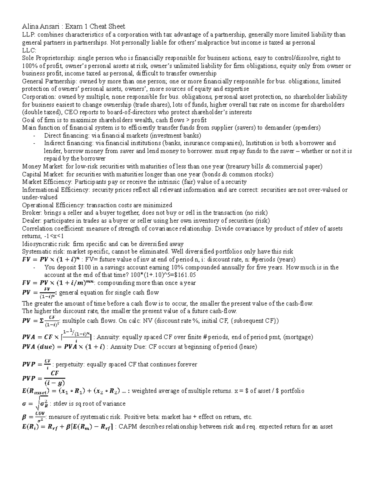 Finc 101: Exam 1 Cheat Sheet - Key Formulas & Topics - Studocu