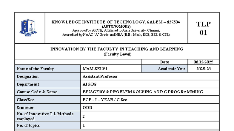 TLP 01: Innovative Teaching Methods for Problem Solving & C Programming ...