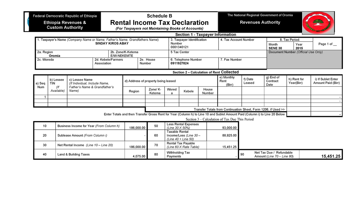 Schedule B Rental Income Tax Declaration (No Books of Accounts) - Studocu