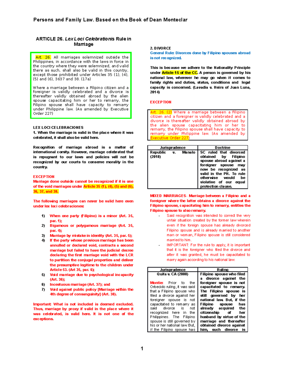 FCP - Lex Loci Celebrationis Rule in Philippine Marriages - Studocu
