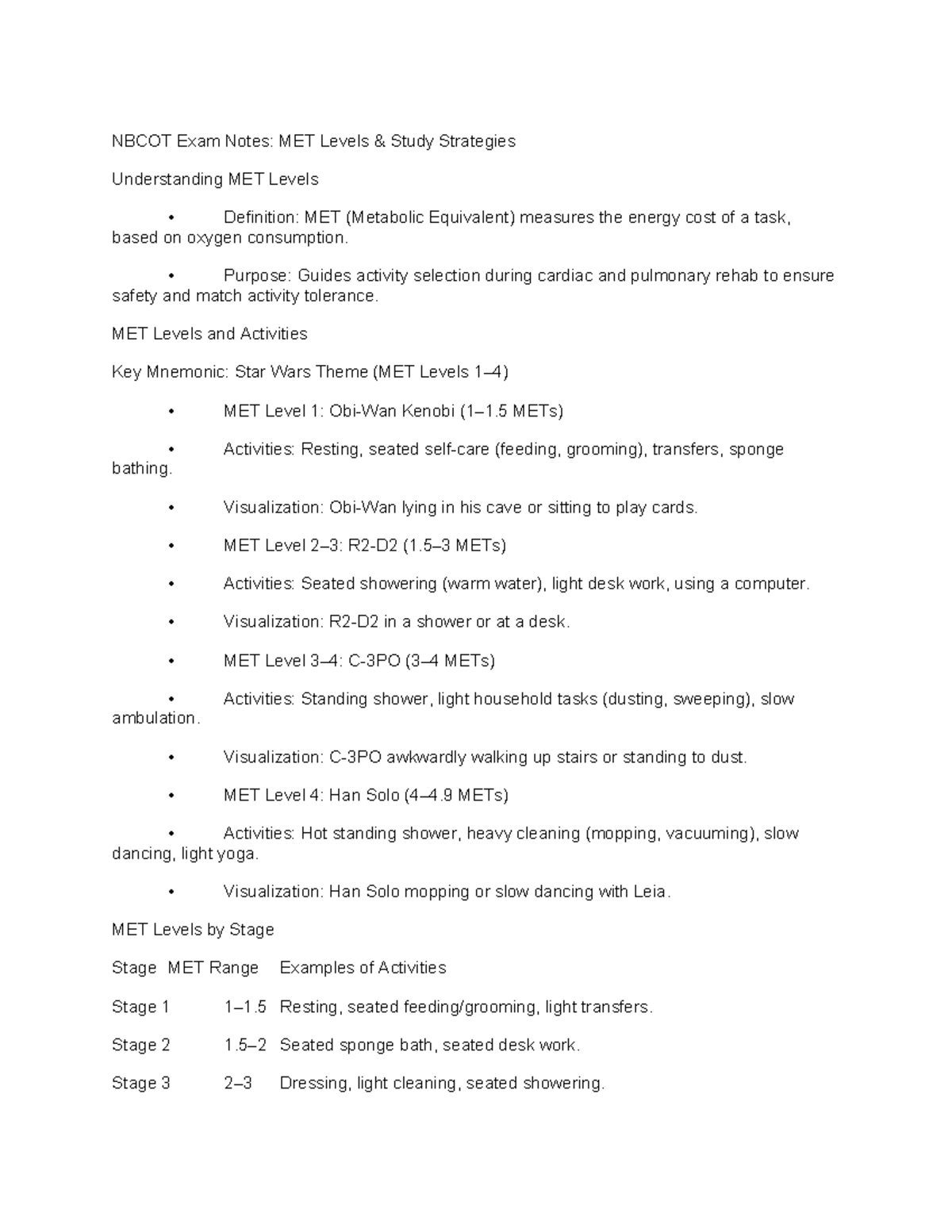 NBCOT Exam Notes: MET Levels & Cardiac Rehab Insights - Studocu