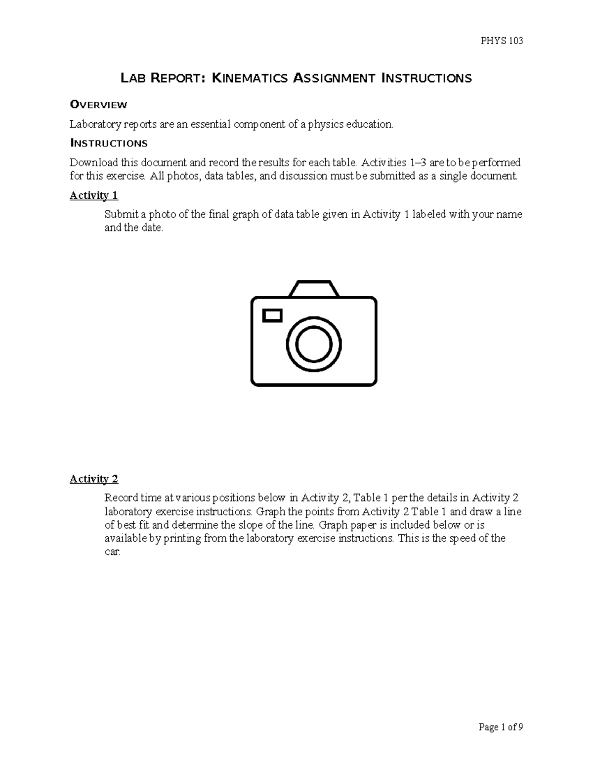 Lab Report (PHYS 101): Kinematics Assignment Procedures - Studocu