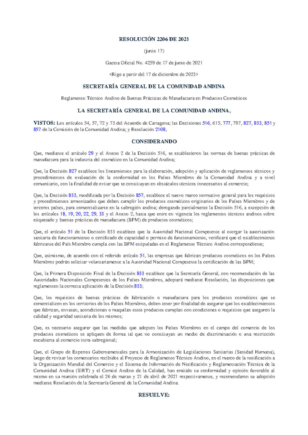 Reglamento Técnico Andino BPM en Cosméticos - Resolución RSG2206 - Studocu