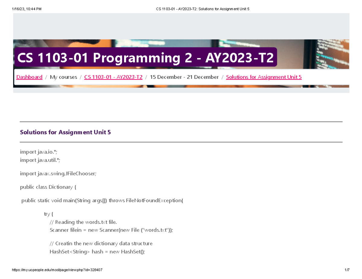 CS 1103-01 - AY2023-T2 Solutions for Assignment Unit 5 - CS 1103-01 Programming 2 - AY2023-T ...