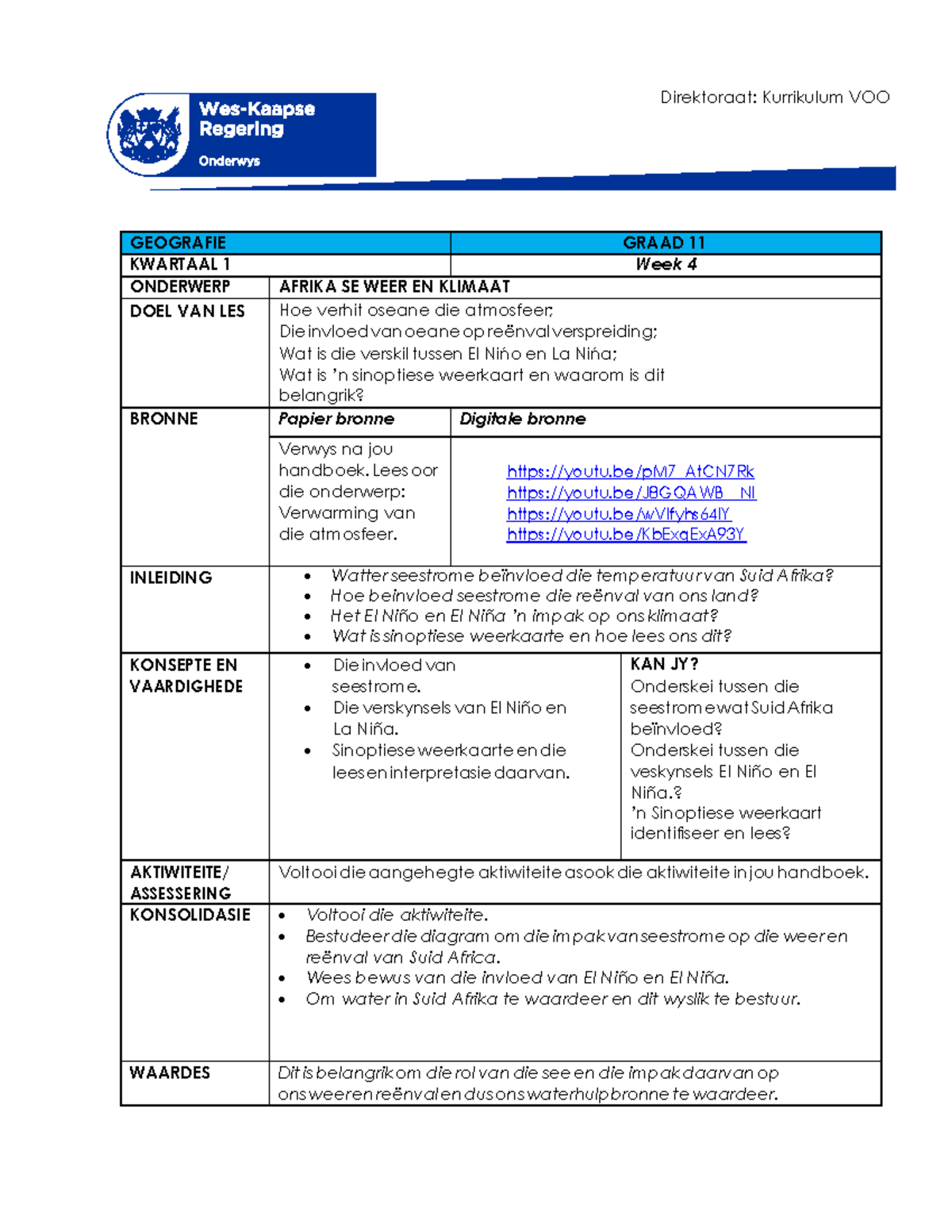 Geografie Graad 11 Kwartaal 1 Week 4: Klimatologie en Seestrome - Studocu