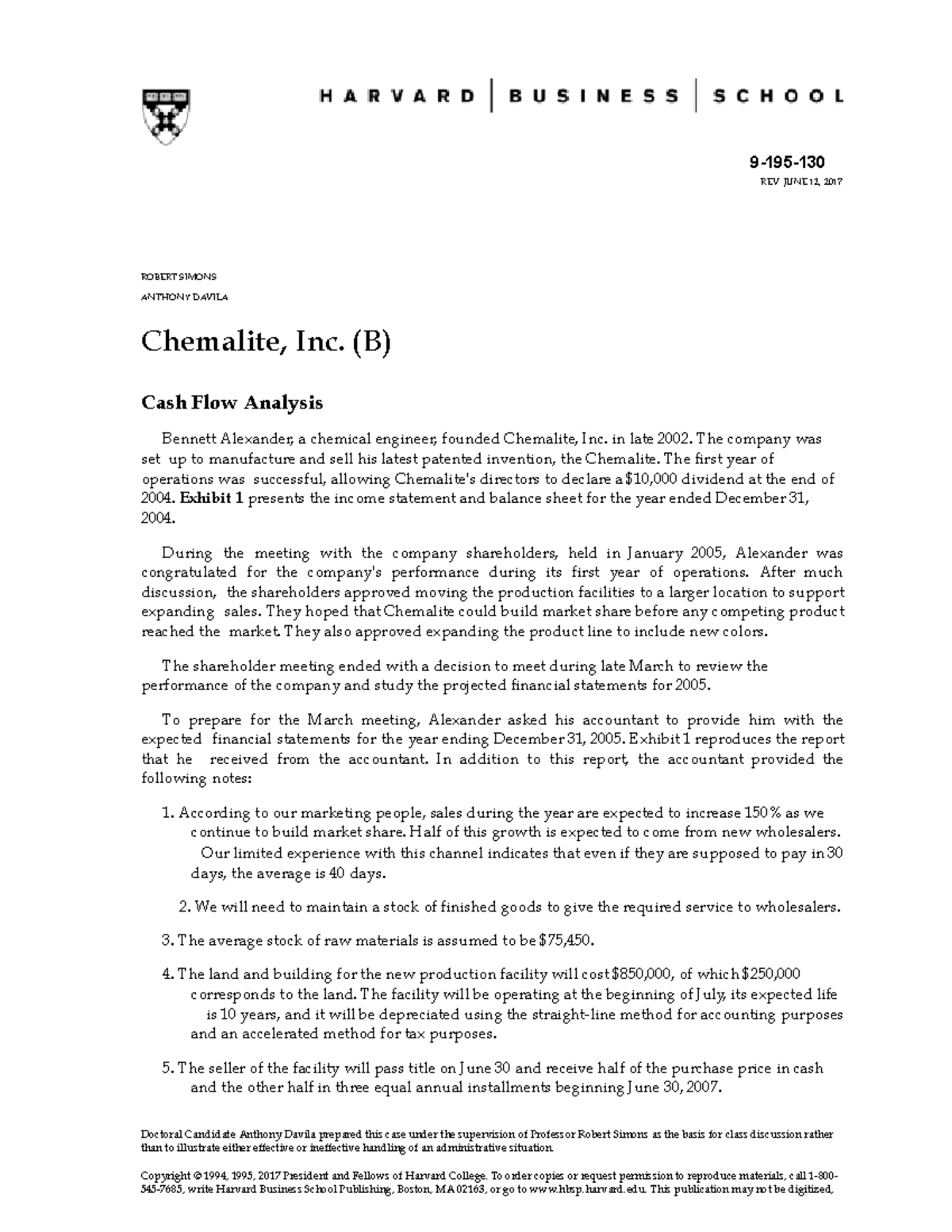 Chemalite, Inc. (B) - Cash Flow Analysis for 2005 Proforma Statements ...