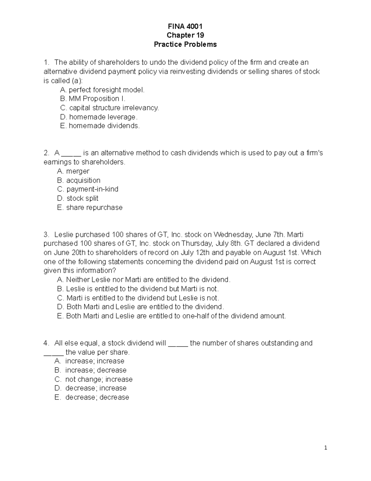 FINA 4001 Chapter 19 Practice Problems - Studocu