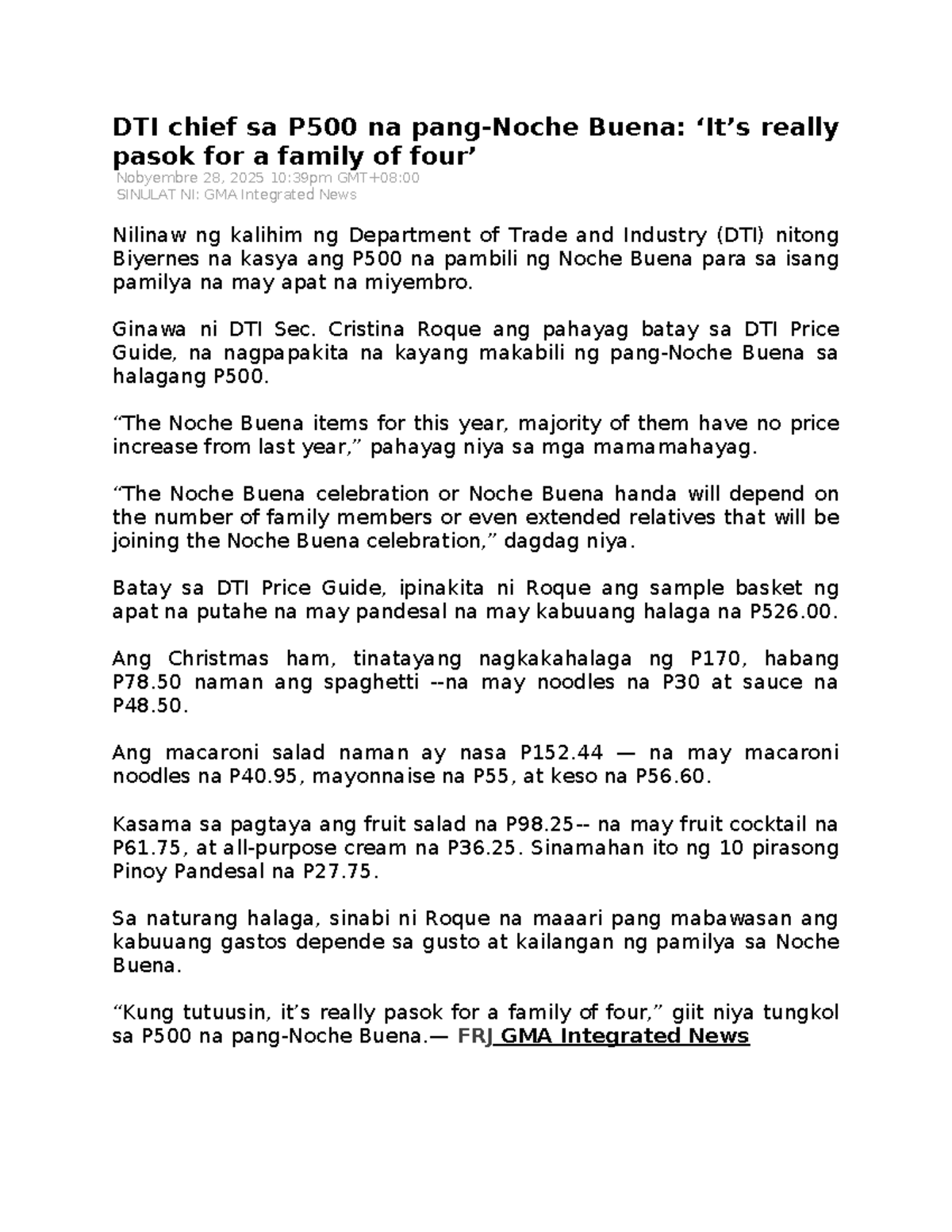 P500 Noche Buena Budget: DTI Insights for Families - FRJ - Studocu