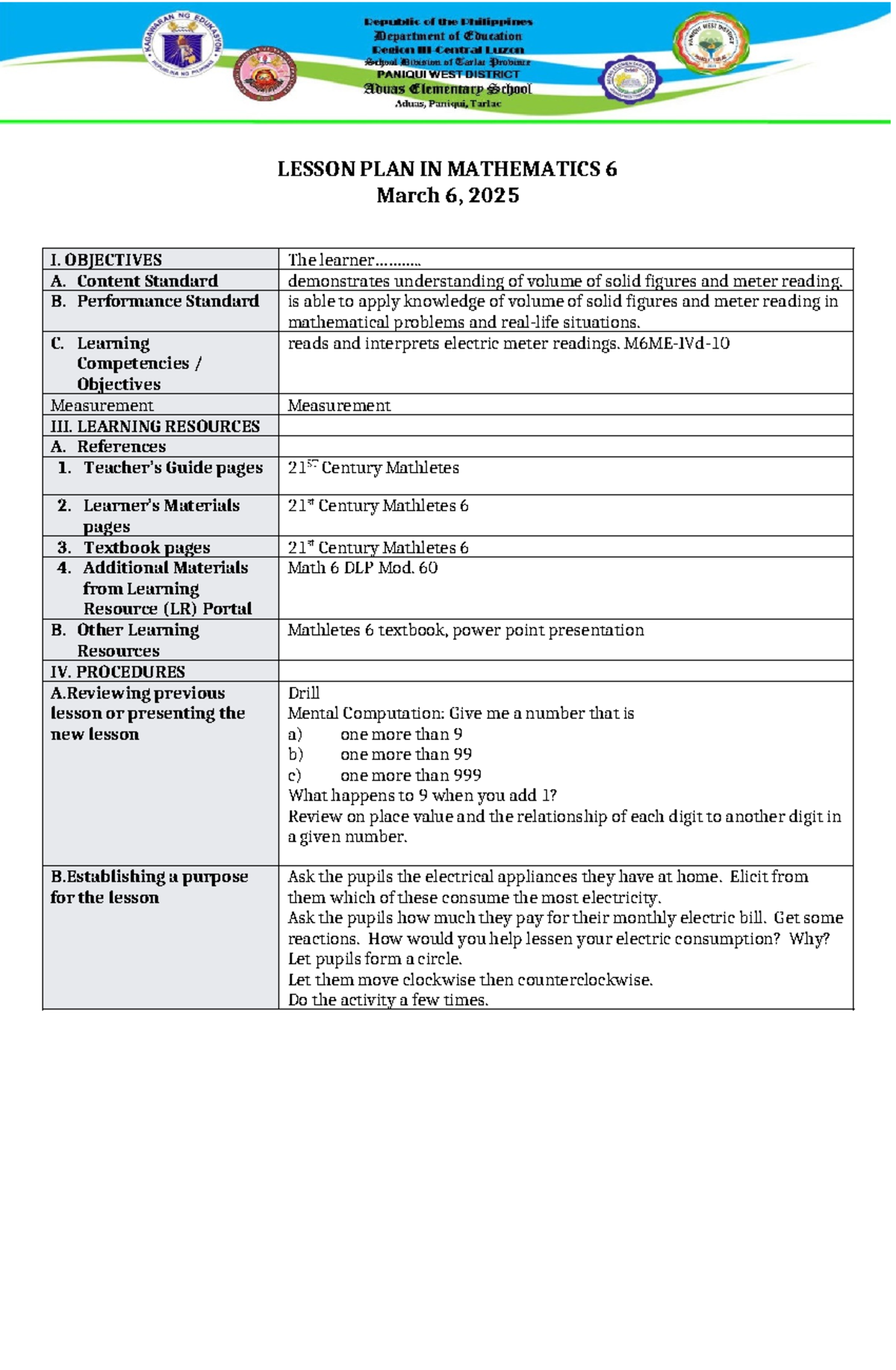 DLL Mathematics 6 Q4 W4 - detailed lesson plan in math 6 - LESSON PLAN IN MATHEMATICS 6 March 6 ...