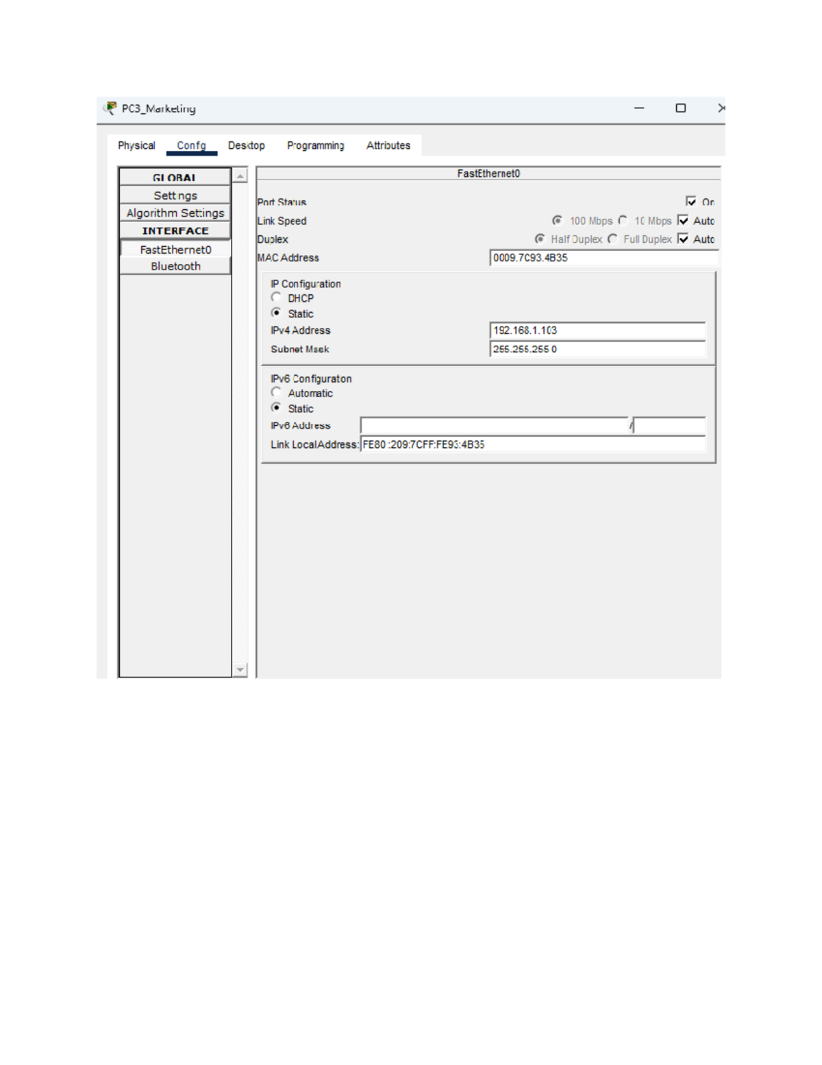 PC3_Marketing: FastEthernet0 Configuration & Network Settings - Studocu
