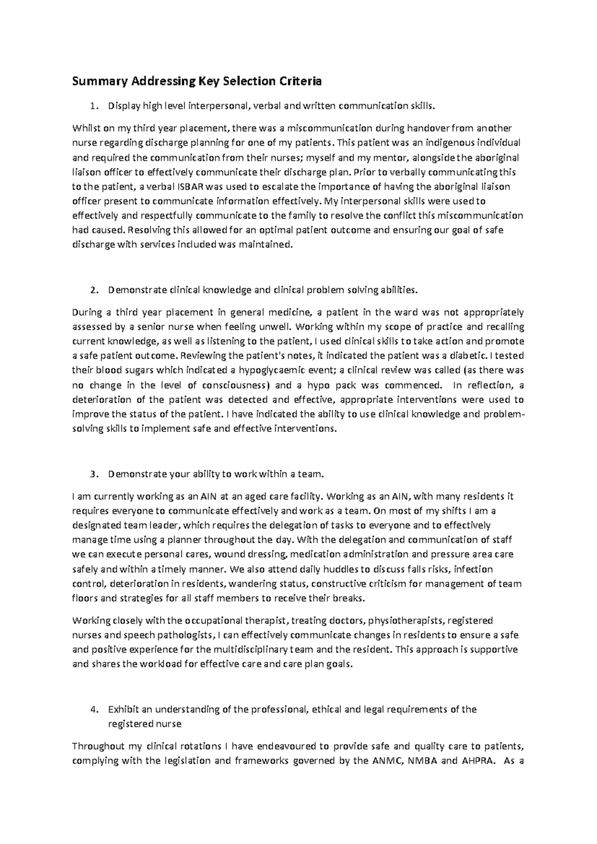 Summary Addressing Key Selection Criteria - Warning: TT: undefined ...
