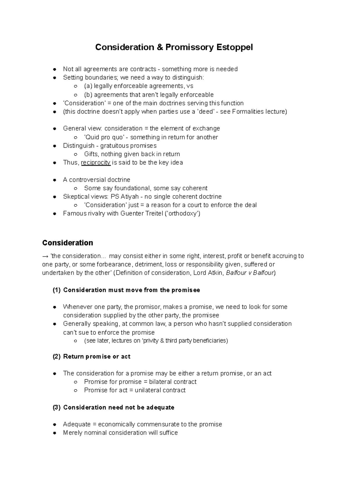 Contract Lecture: Consideration & Promissory Estoppel Analysis - Studocu