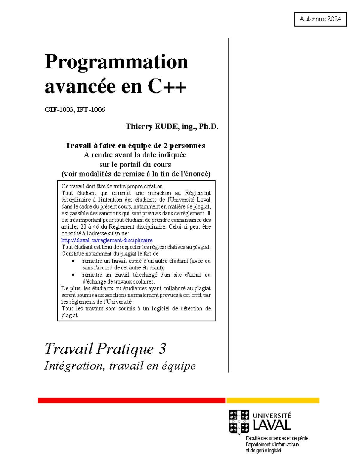 GIF-1003 - Travail Pratique 3 : Intégration et Développement C++ - Studocu