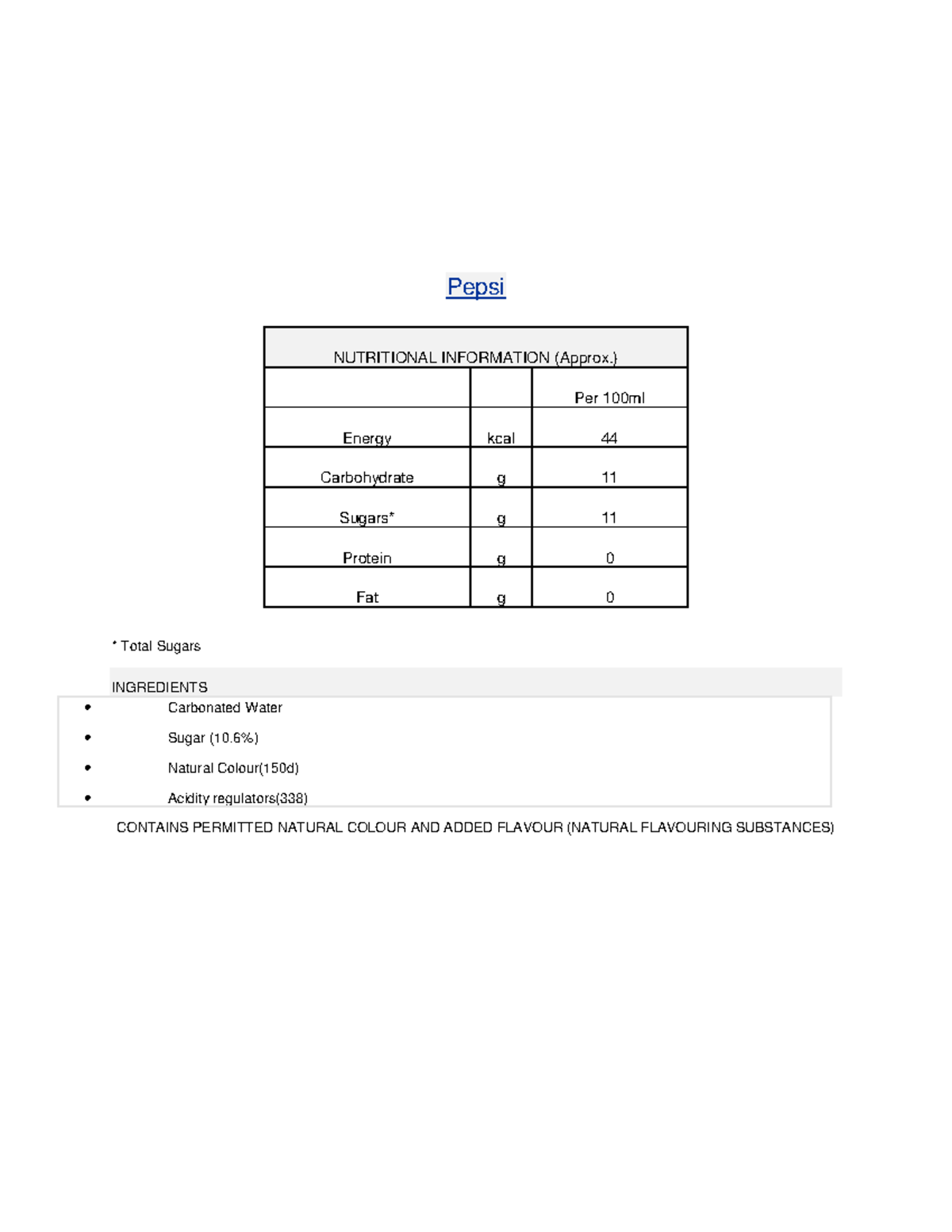 Nutritional info pepsi - Pepsi NUTRITIONAL INFORMATION (Approx.) Per ...
